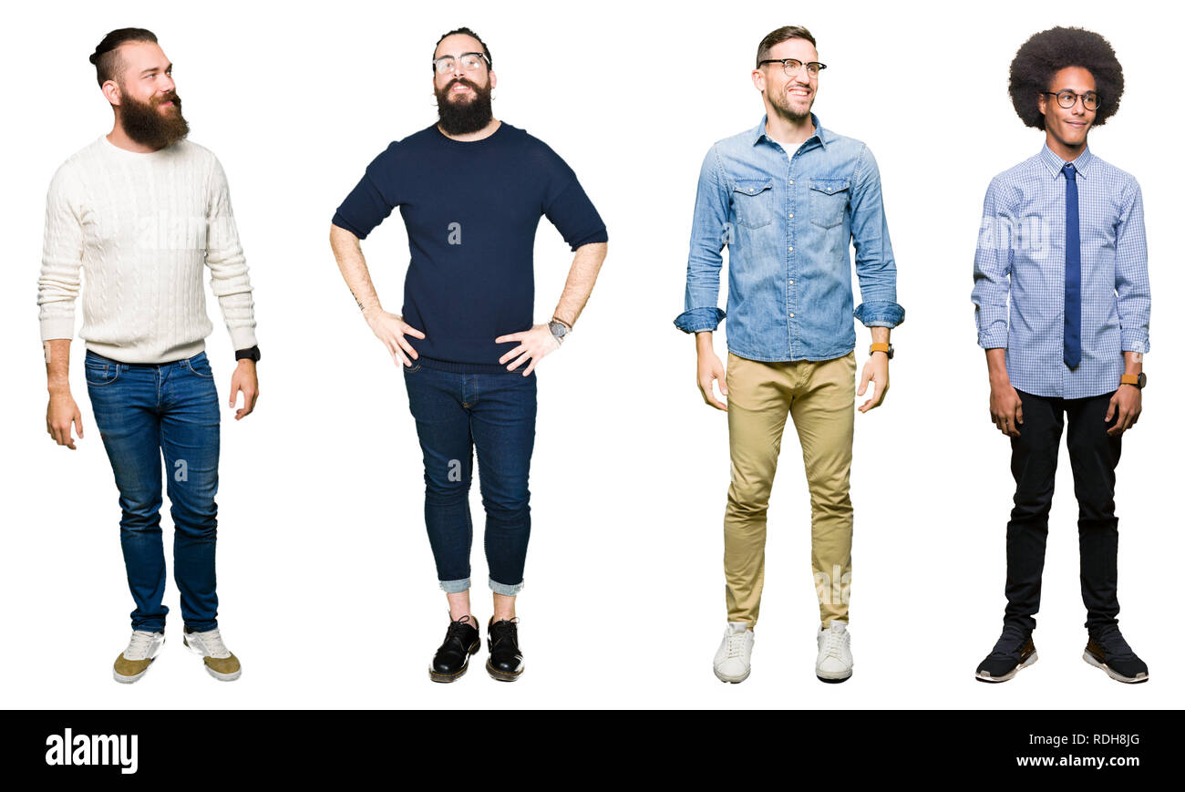 Collage of group of young men over white isolated background looking ...