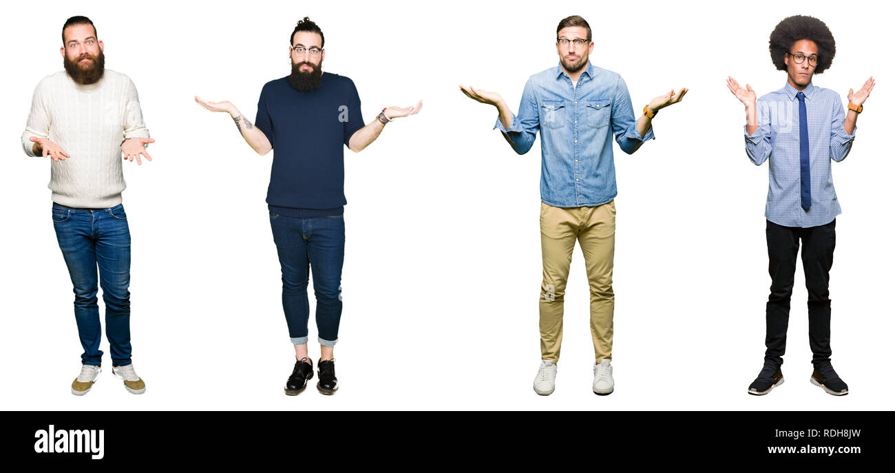 Collage of group of young men over white isolated background clueless ...