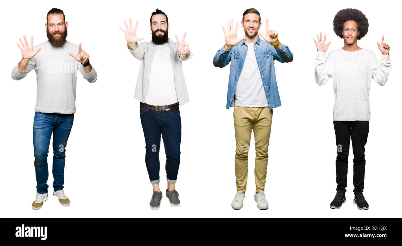 Collage of group of young men over white isolated background showing ...