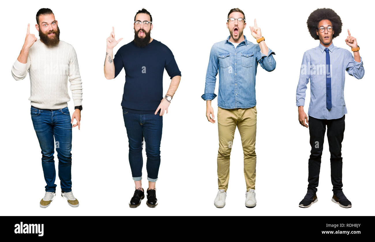 Collage of group of young men over white isolated background pointing ...