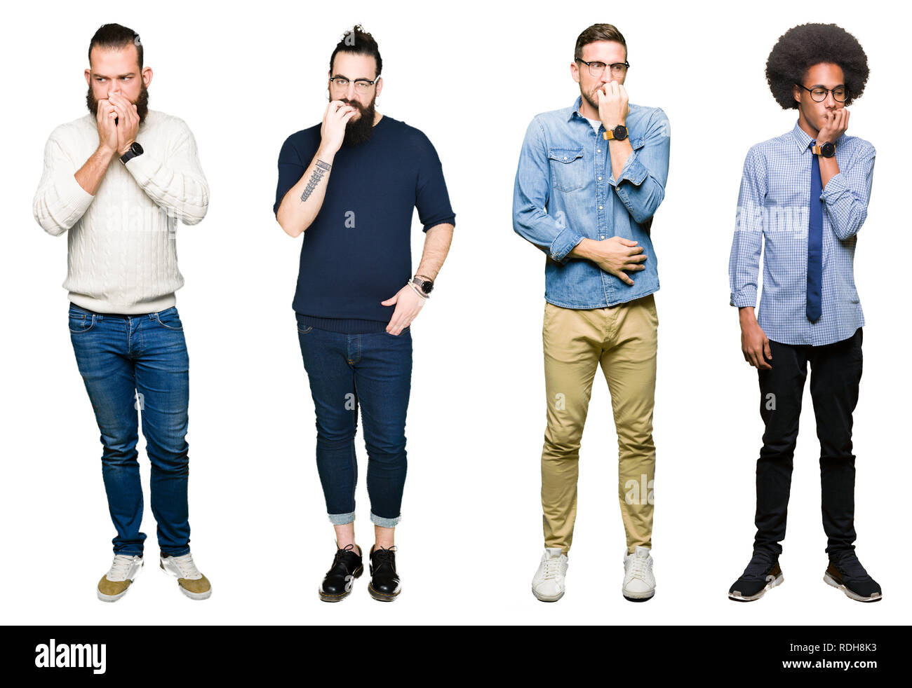 Collage of group of young men over white isolated background looking ...