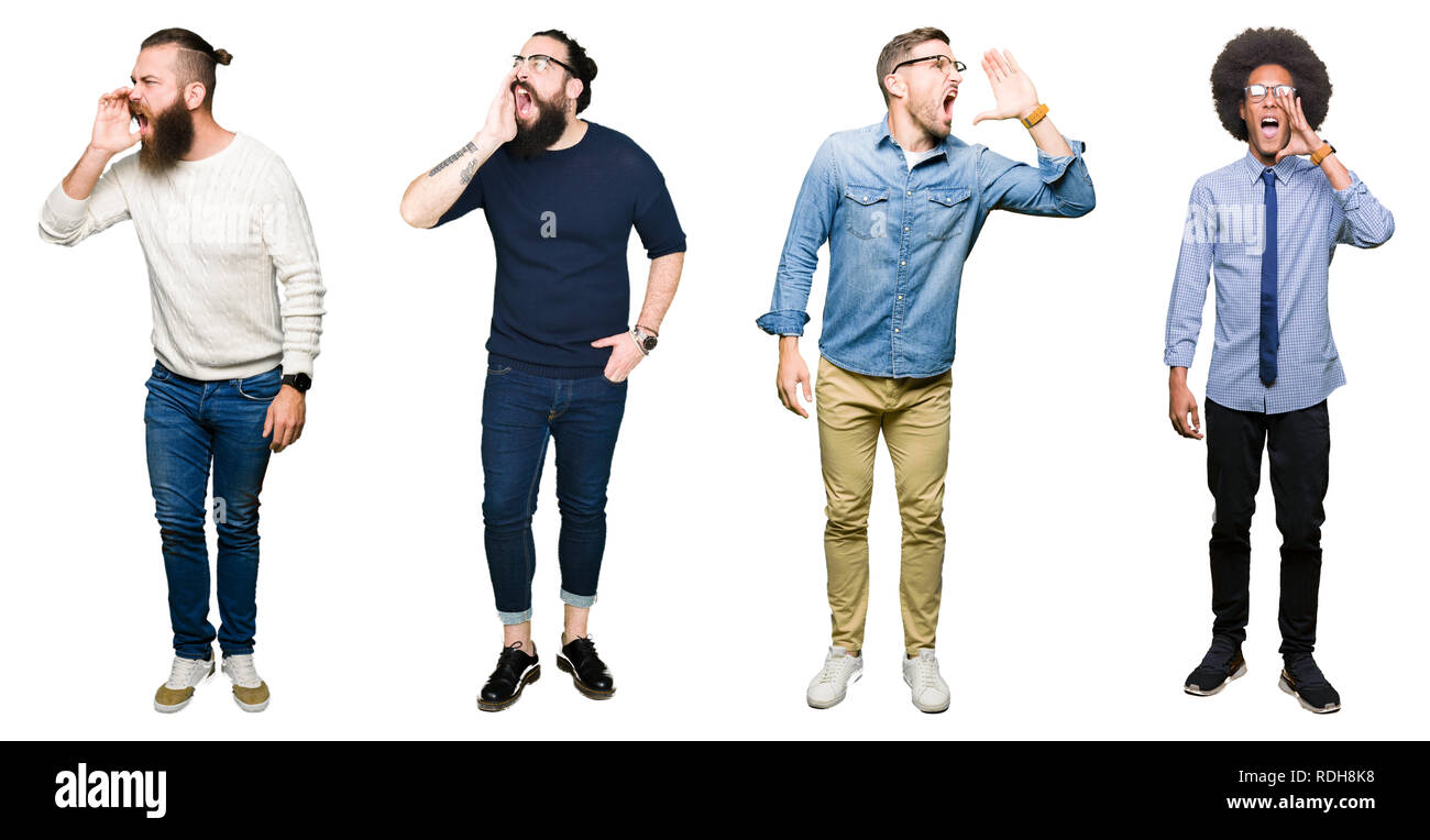 Collage of group of young men over white isolated background shouting ...