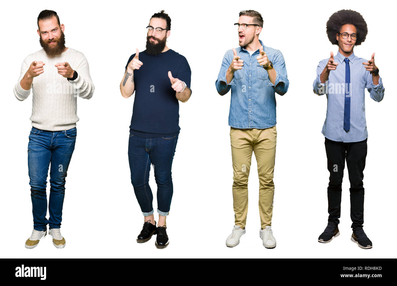 Collage of group of young men over white isolated background pointing ...