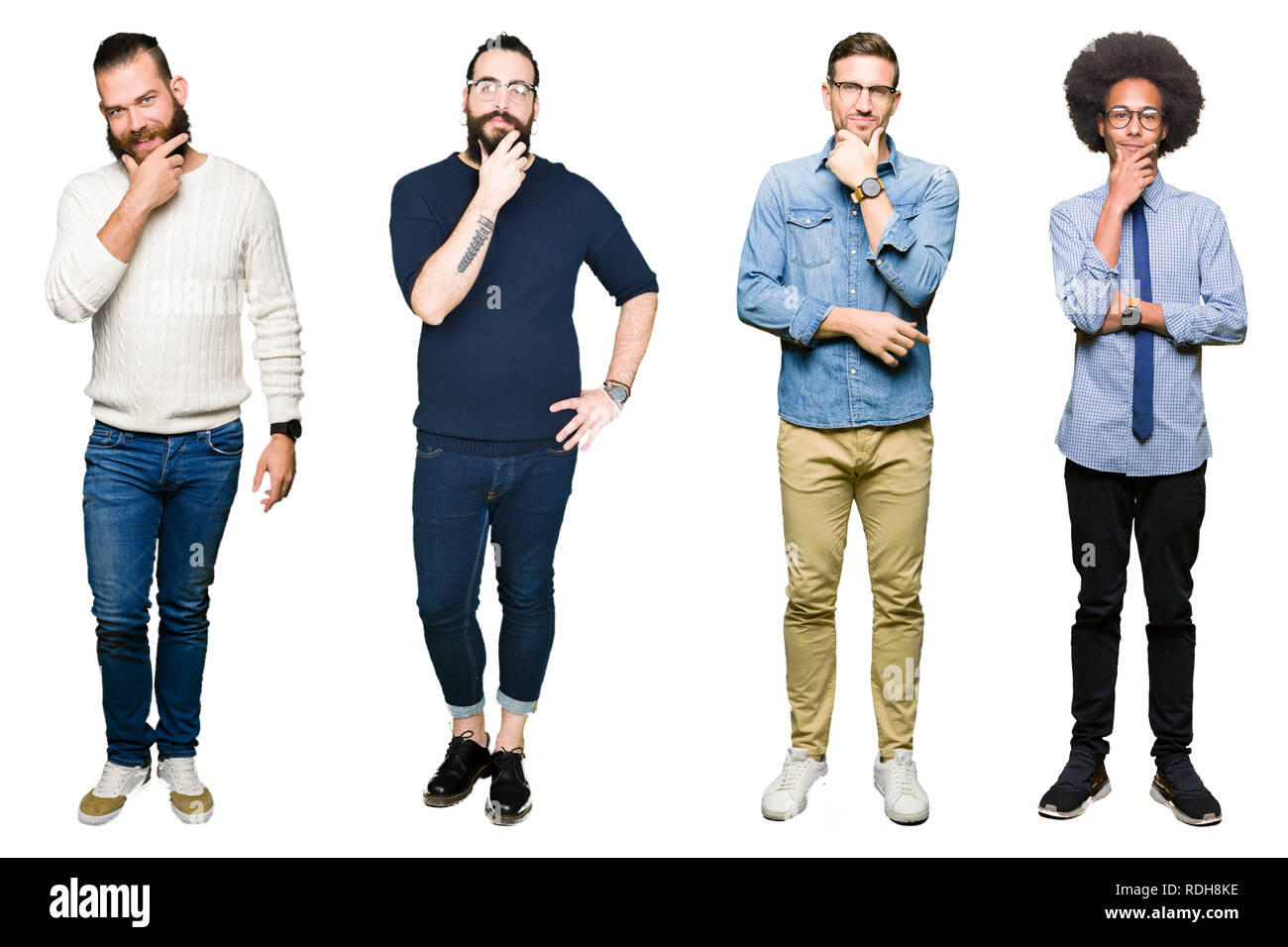 Collage of group of young men over white isolated background looking ...