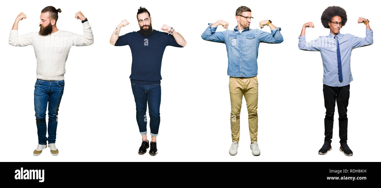Collage of group of young men over white isolated background showing ...