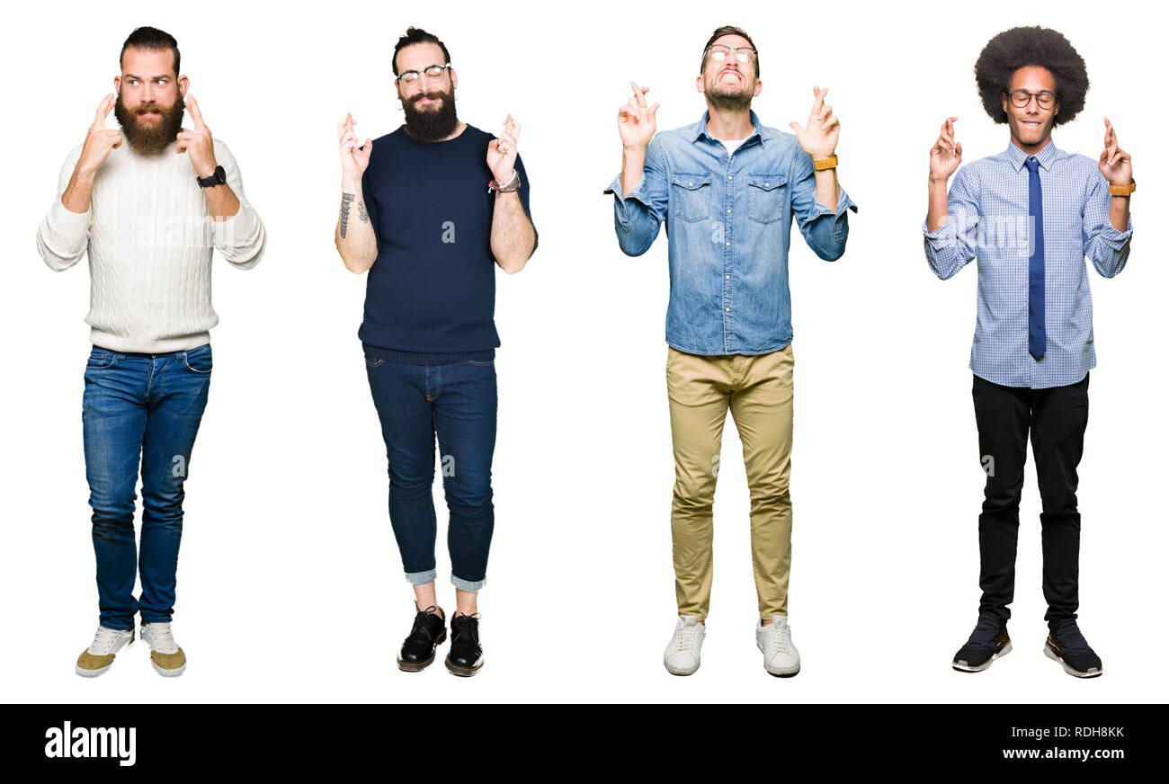 Collage of group of young men over white isolated background smiling ...