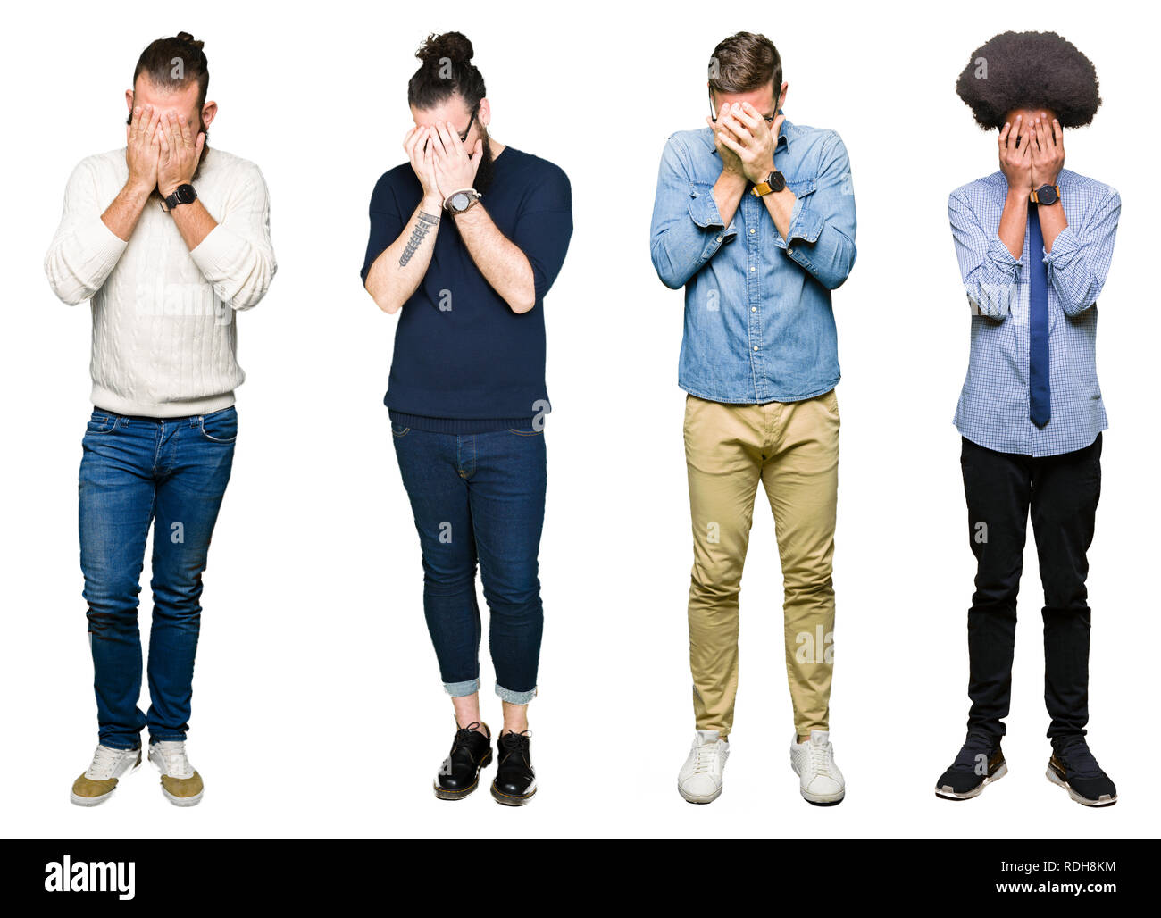 Collage of group of young men over white isolated background with sad ...