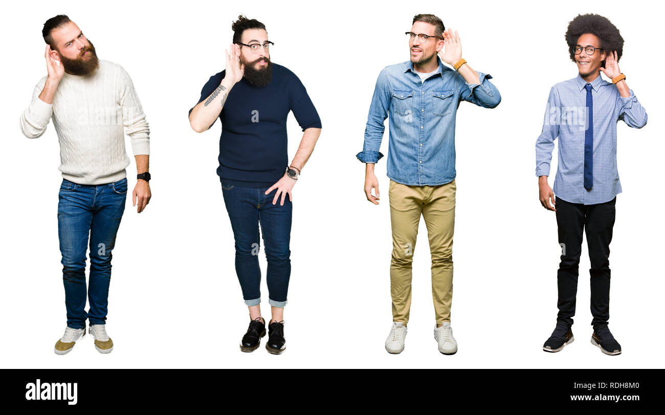 Collage of group of young men over white isolated background smiling ...