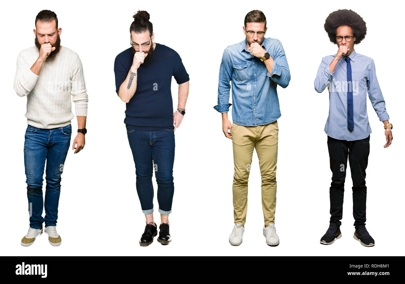 Collage of group of young men over white isolated background feeling ...