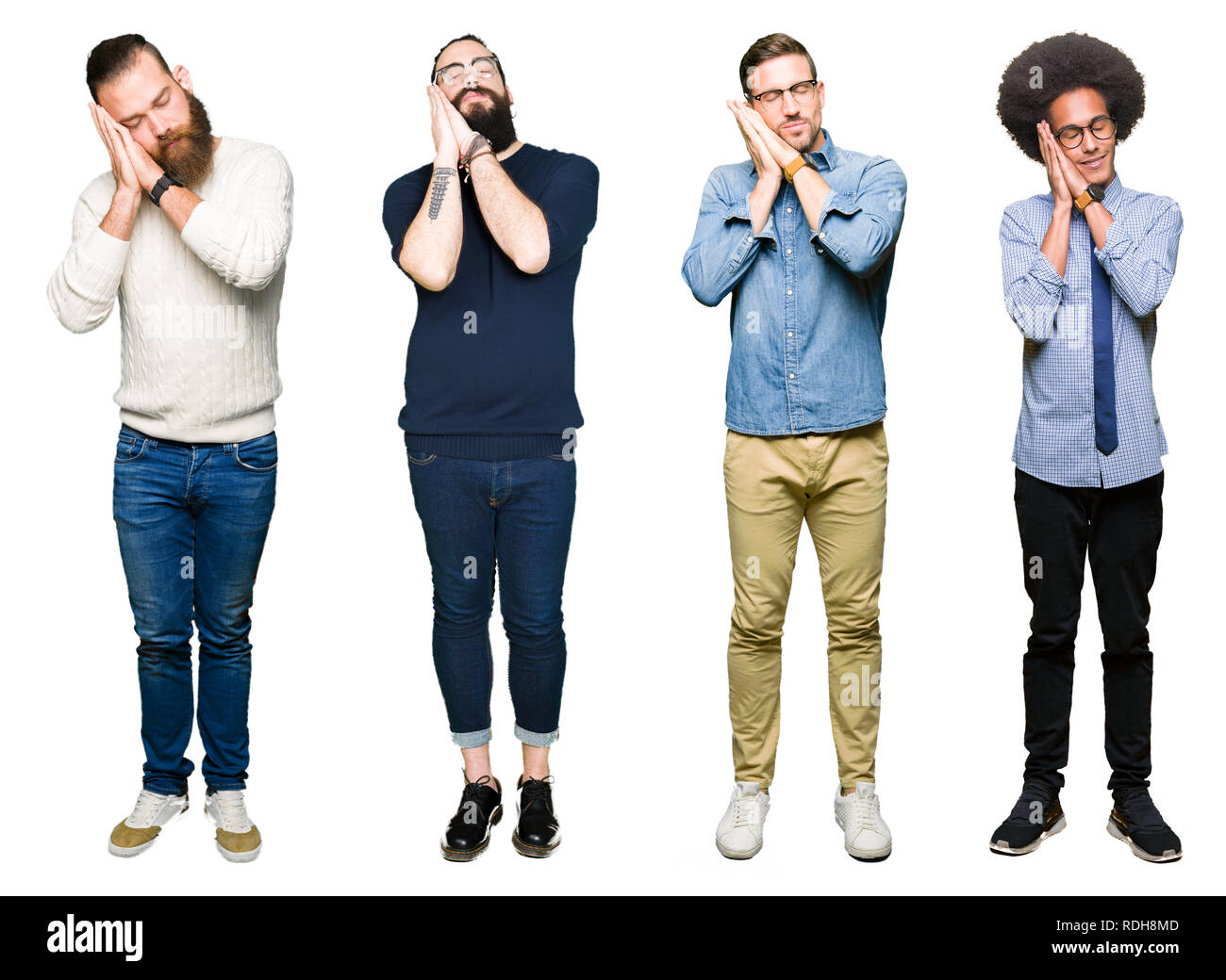 Collage of group of young men over white isolated background sleeping ...