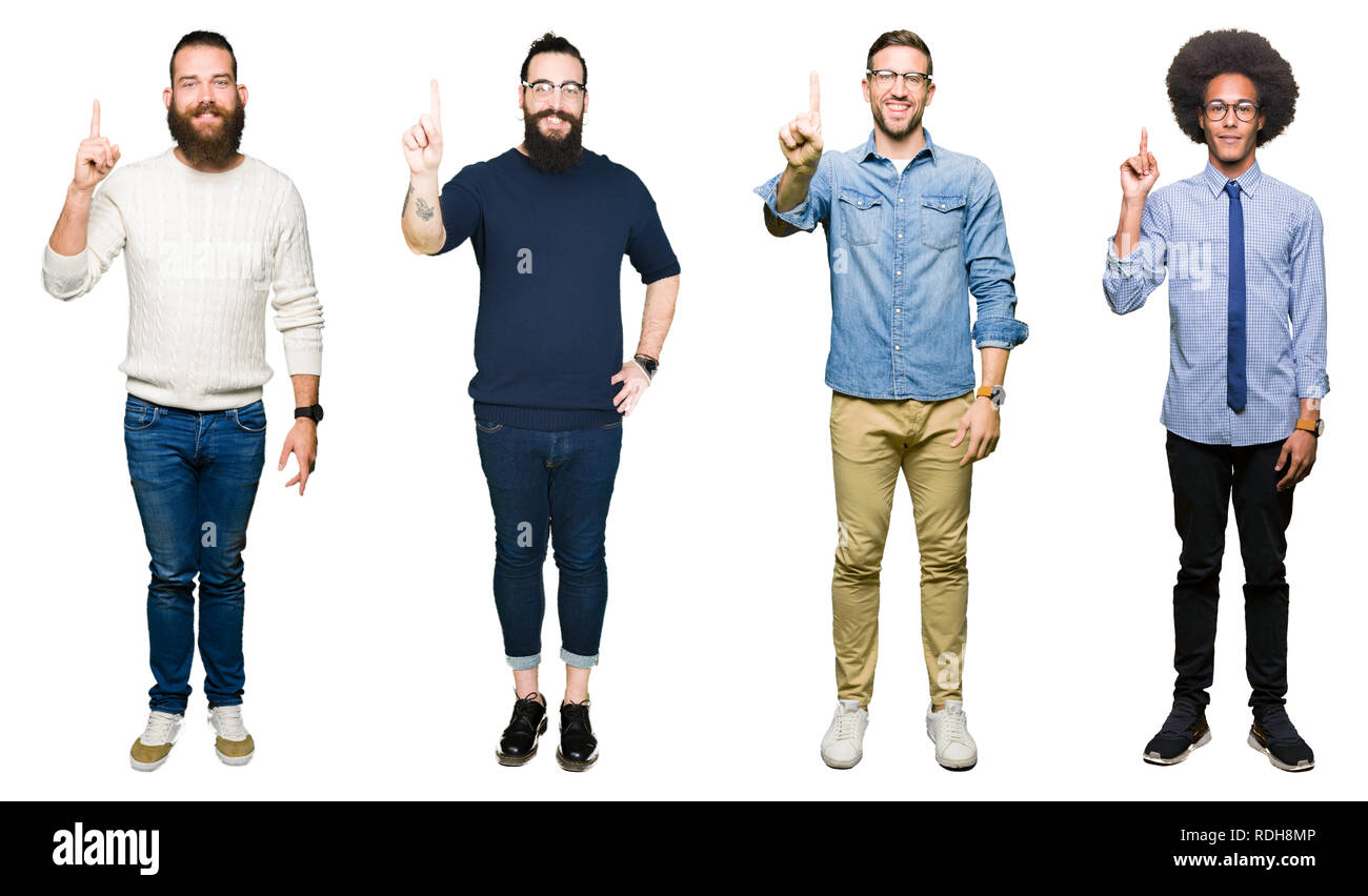 Collage of group of young men over white isolated background showing ...