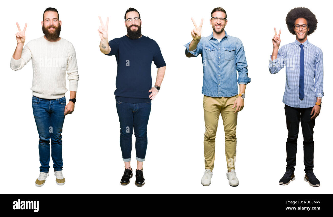 Collage of group of young men over white isolated background showing ...