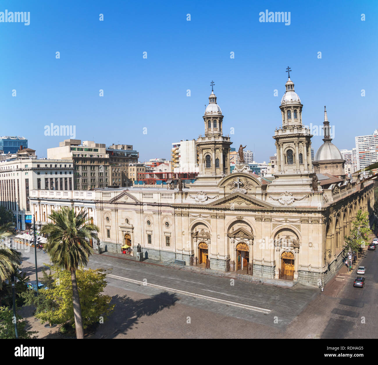 Aerial view of Santiago Metropolitan Cathedral at Plaza de Armas Square ...