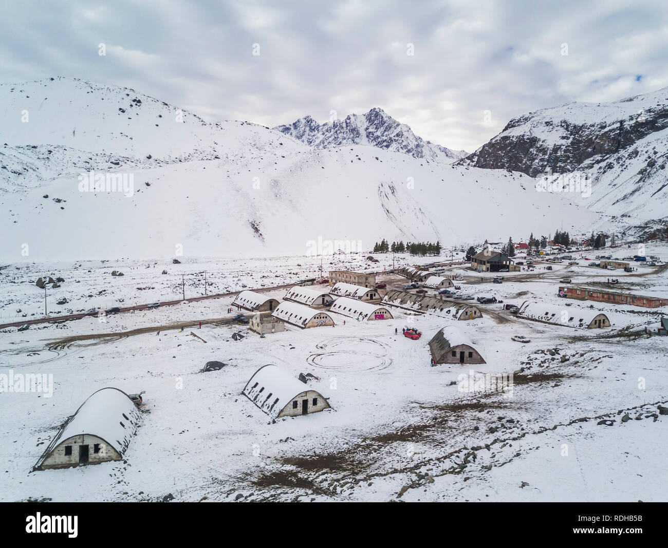 Miners campsite inside Andes mountains during winter season. An amazing ...