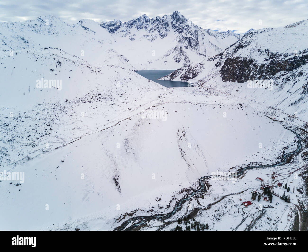 Aerial view, Andes valleys at central Chile at Cajon del Maipo ...