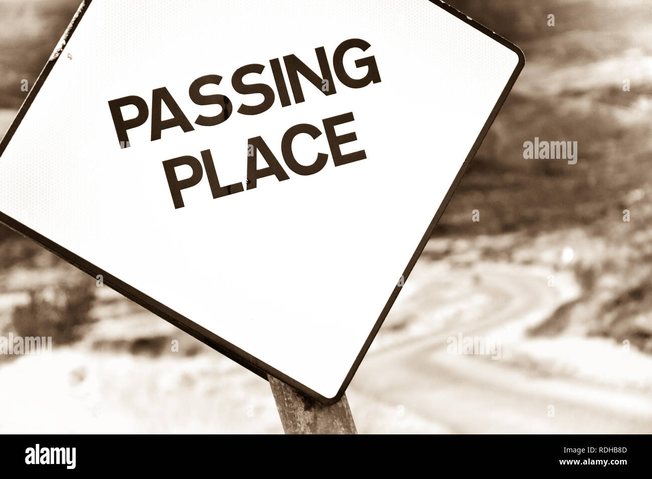 Passing place sign on single track road in Highlands of Scotland Stock ...
