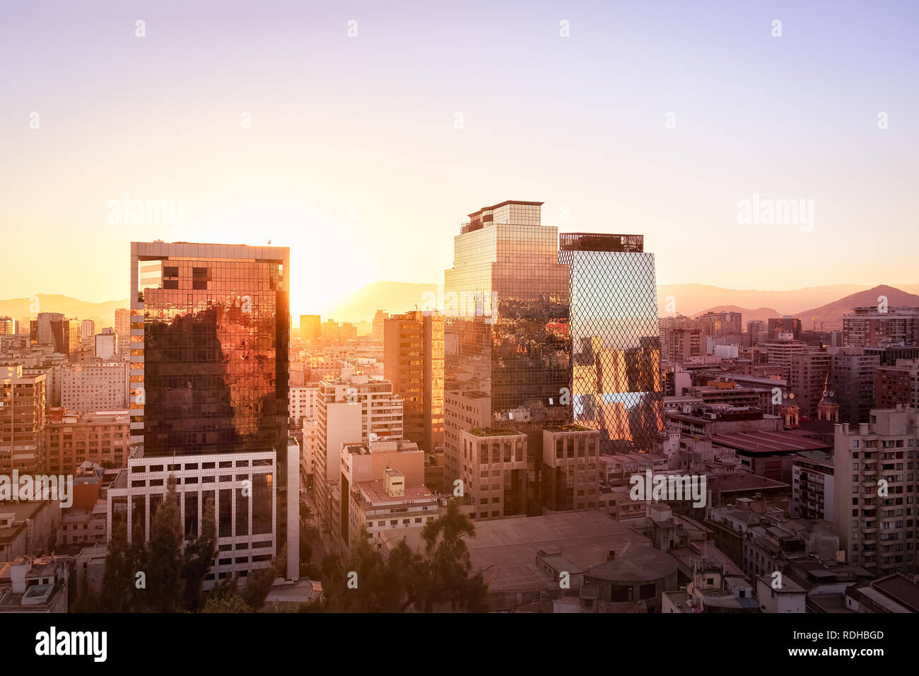 Modern buildings in dowtown Santiago at sunset - Santiago, Chile Stock ...