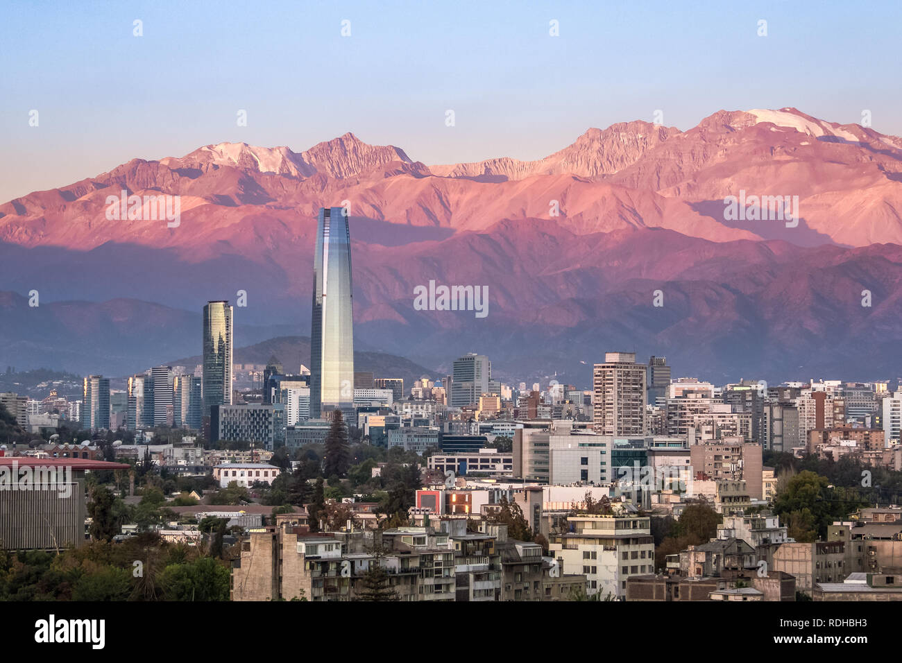 Aaerial view of Santiago skyline at sunset with Costanera skyscraper ...