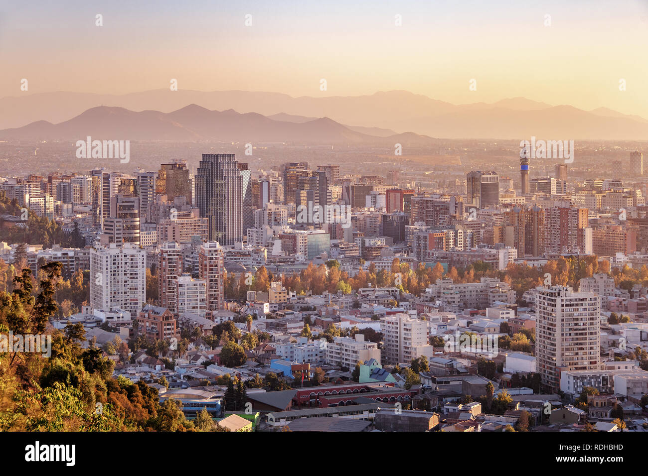 Aerial view of downtown Santiago at sunset - Santiago, Chile Stock ...