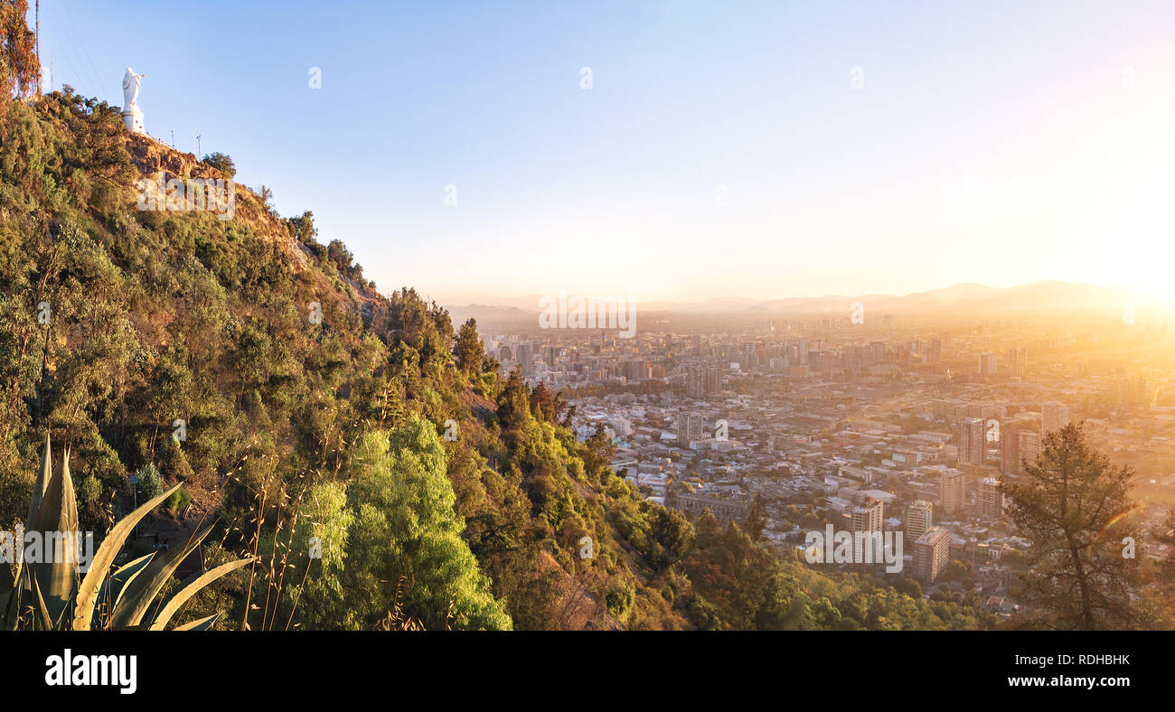 Cerro San Cristobal Hill with virgin statue and aerial view of Santiago ...