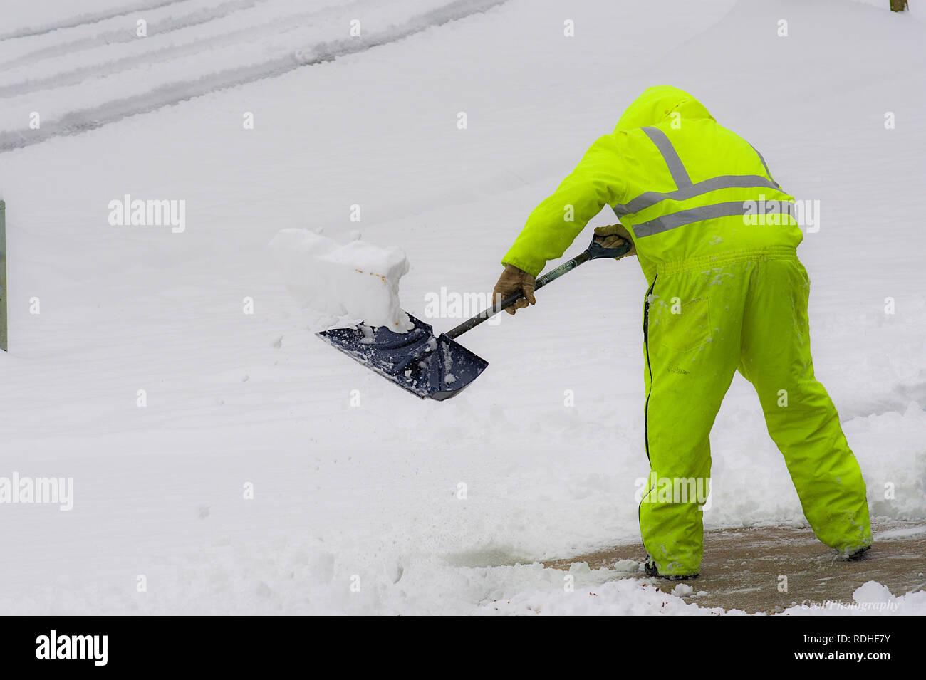 Adult male shoveling snow from driveway with neon yellow overalls on ...