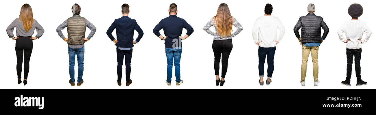 Collage of people over white isolated background standing backwards ...