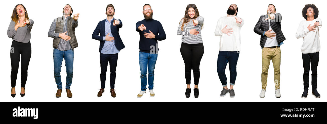 Collage of people over white isolated background Laughing of you ...