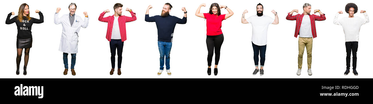 Collage of people over white isolated background showing arms muscles ...