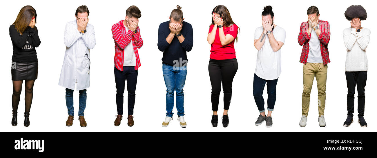 Collage of people over white isolated background with sad expression ...