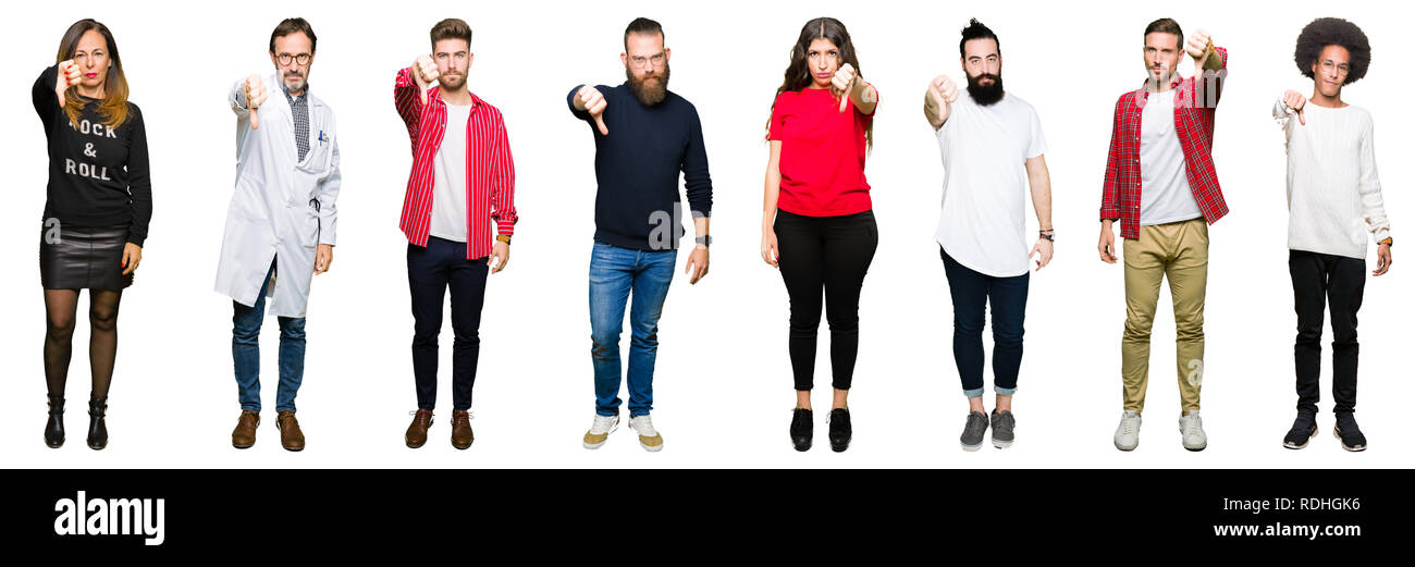 Collage of people over white isolated background looking unhappy and ...