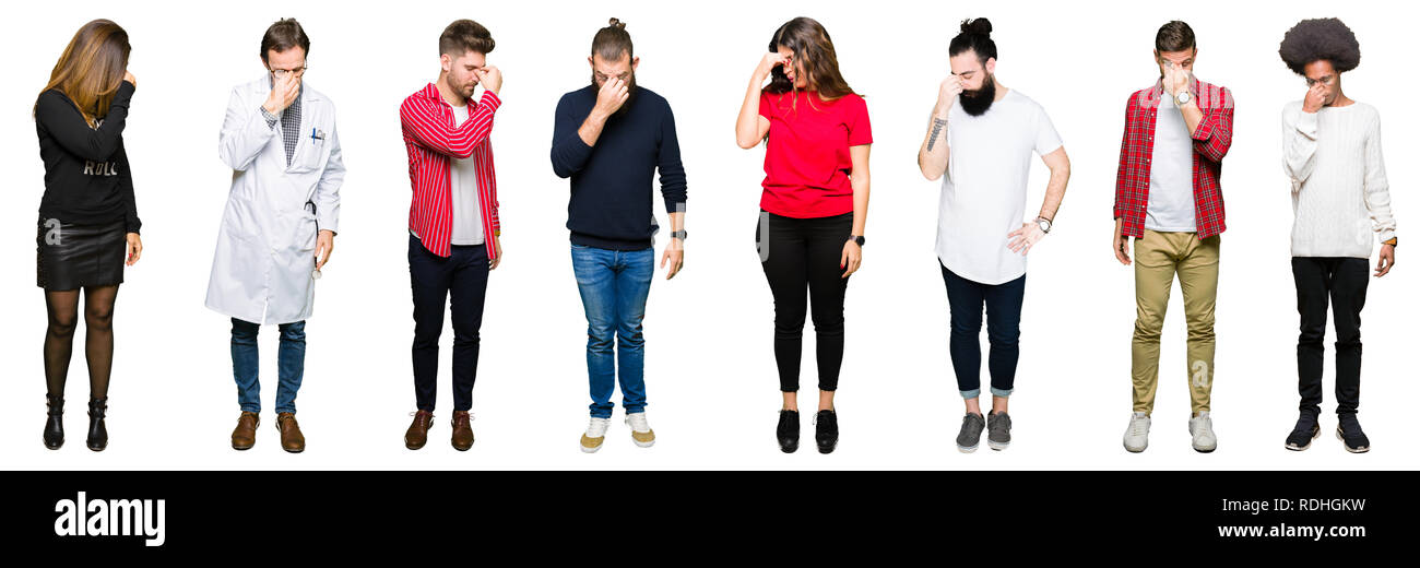 Collage of people over white isolated background tired rubbing nose and ...