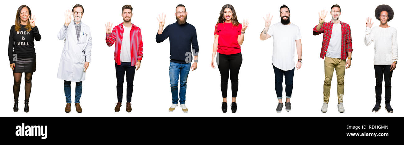 Collage of people over white isolated background showing and pointing ...