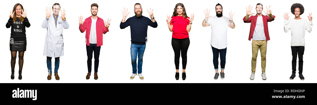 Collage of people over white isolated background showing and pointing ...