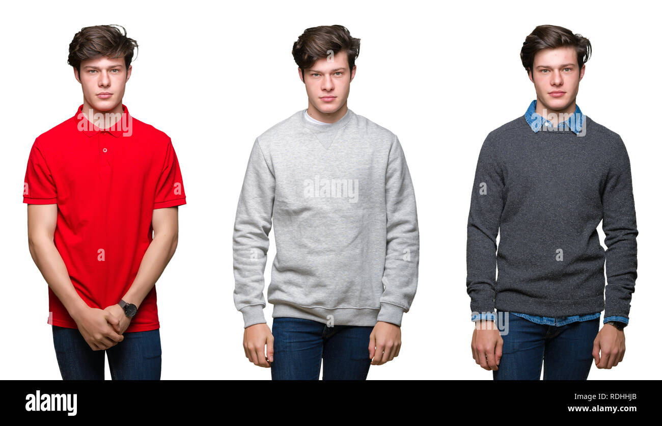 Collage of young man over white isolated background Relaxed with ...