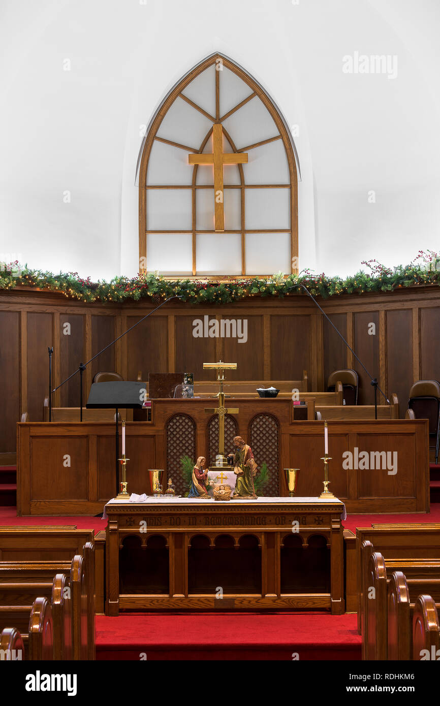 Altar and sanctuary inside the historic Grace United Methodist Church ...