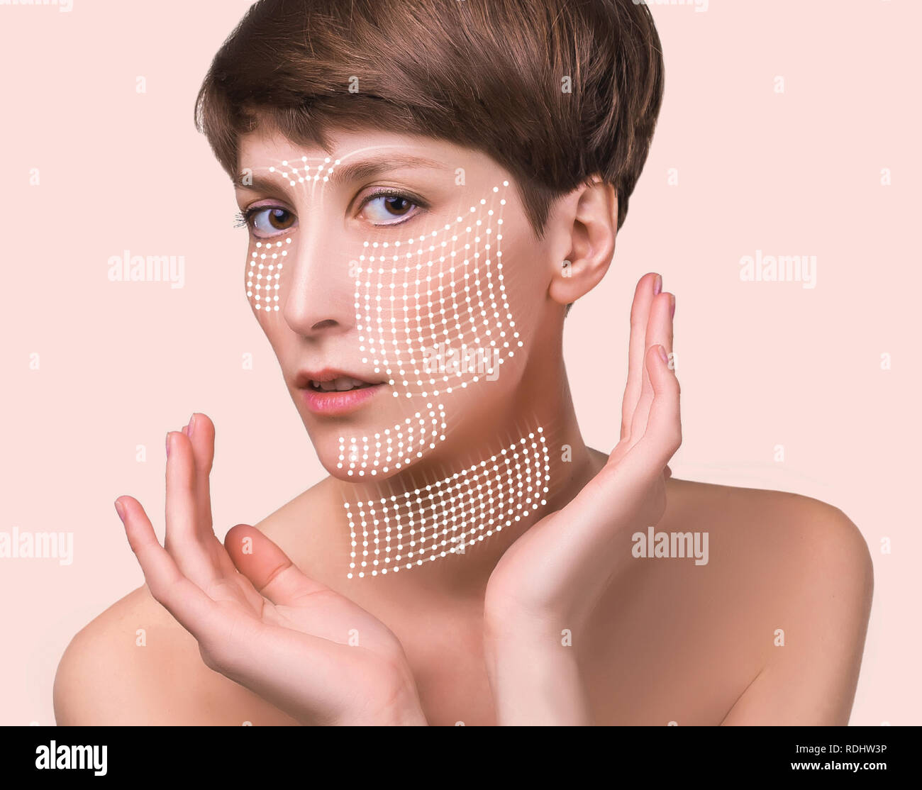 skin plastic surgery concept. Woman face with marks and arrows Stock ...