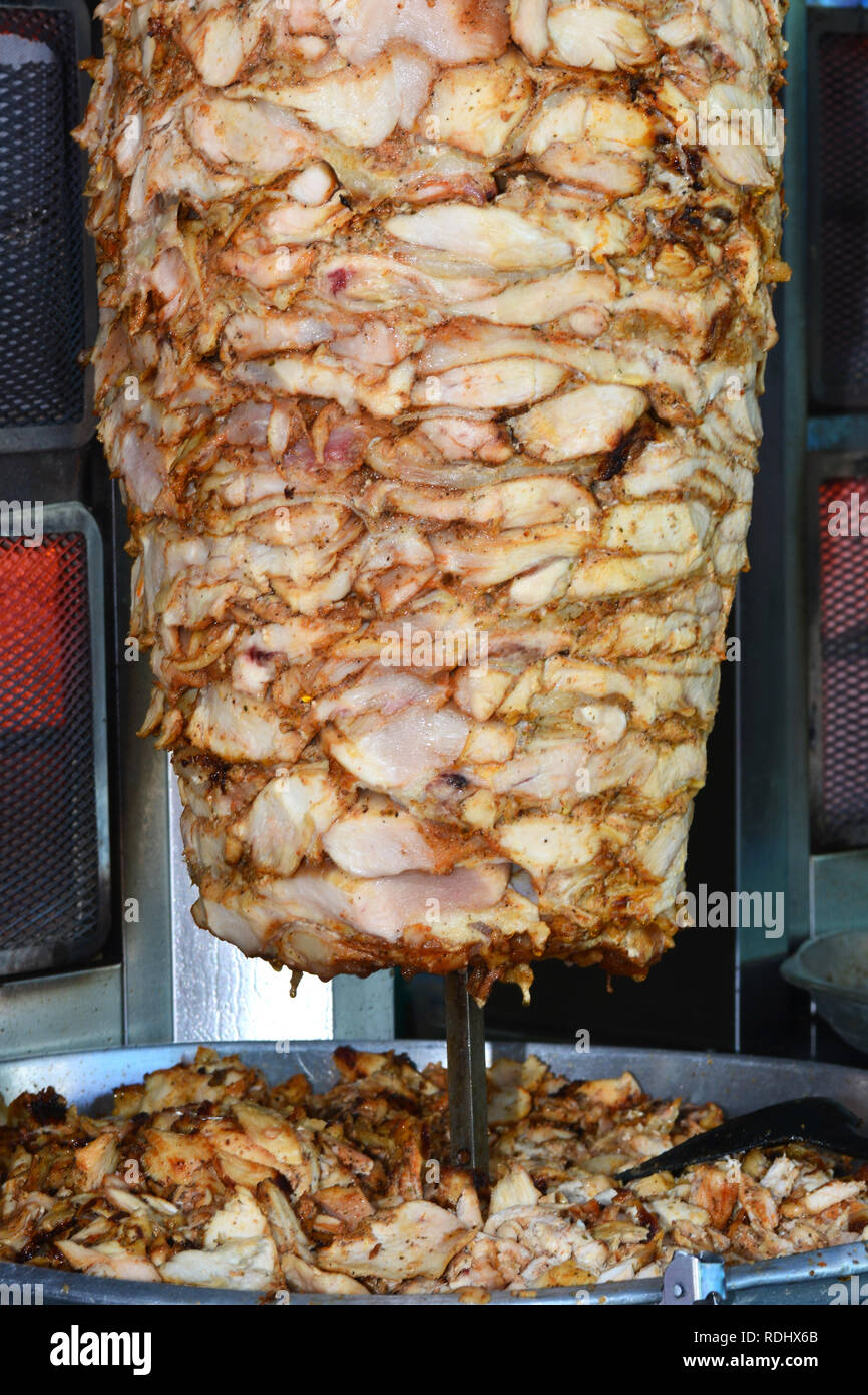 Grilled skewered lamb mutton, a traditional meat served in shawarma or ...