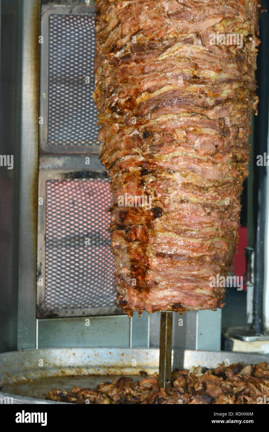 Grilled skewered lamb mutton, a traditional meat served in shawarma or ...