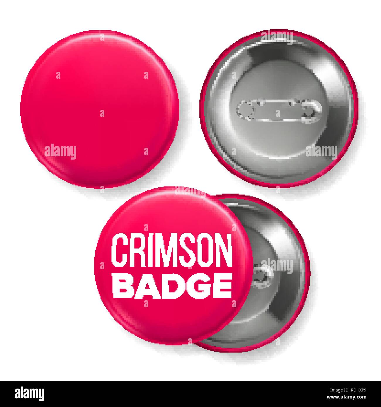 Crimson Badge Mockup Vector. Pin Brooch Crimson Button Blank. Two Sides ...