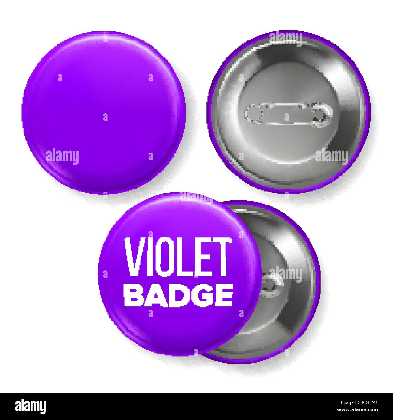 Violet Badge Mockup Vector. Pin Brooch Violet Button Blank. Two Sides ...