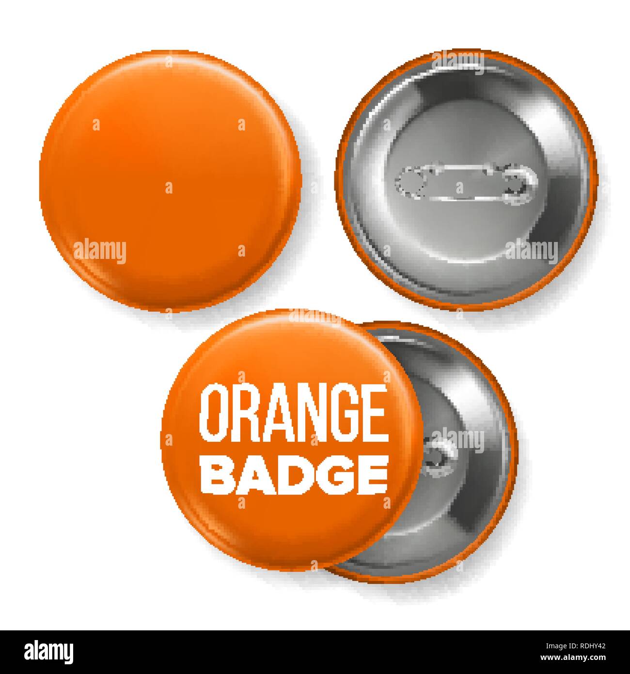 Orange Badge Mockup Vector. Pin Brooch Orange Button Blank. Two Sides ...