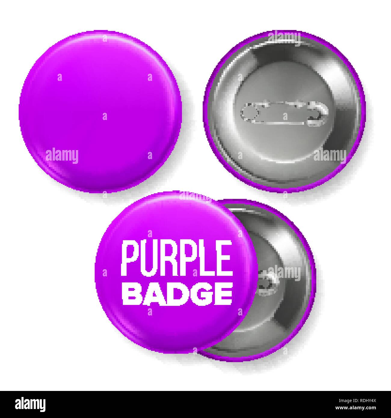 Purple Badge Mockup Vector. Pin Brooch Purple Button Blank. Two Sides ...