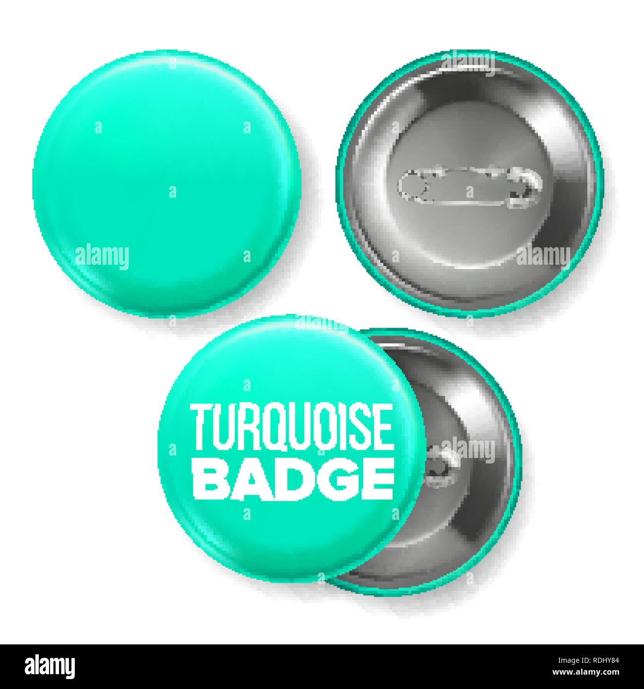 Turquoise Badge Mockup Vector. Pin Brooch Turquoise Button Blank. Two ...