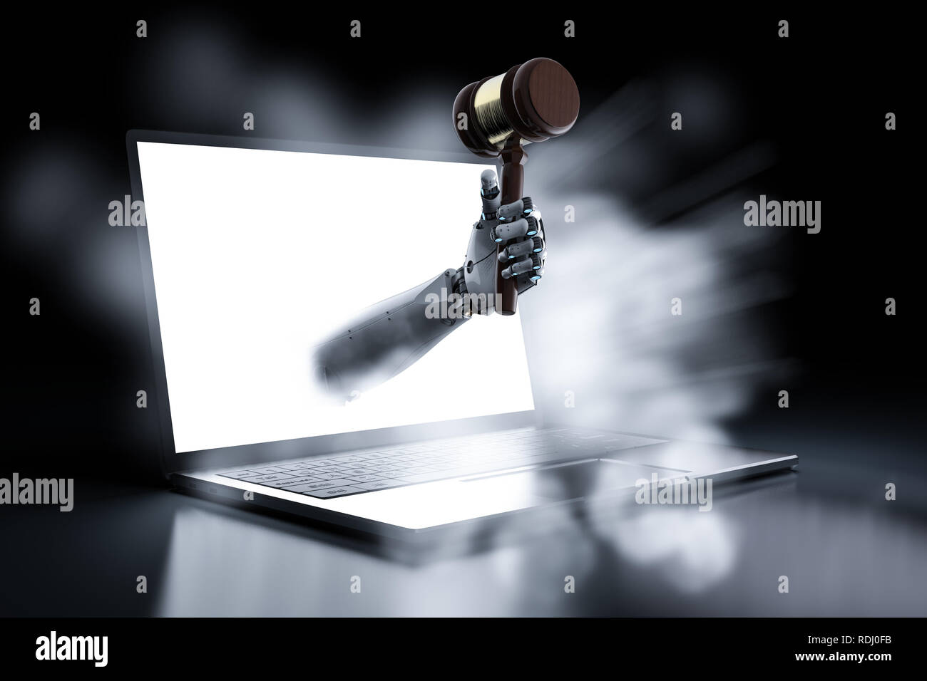 cyber law concept with 3d rendering robotic hand holding gavel judge out of notebook computer ...