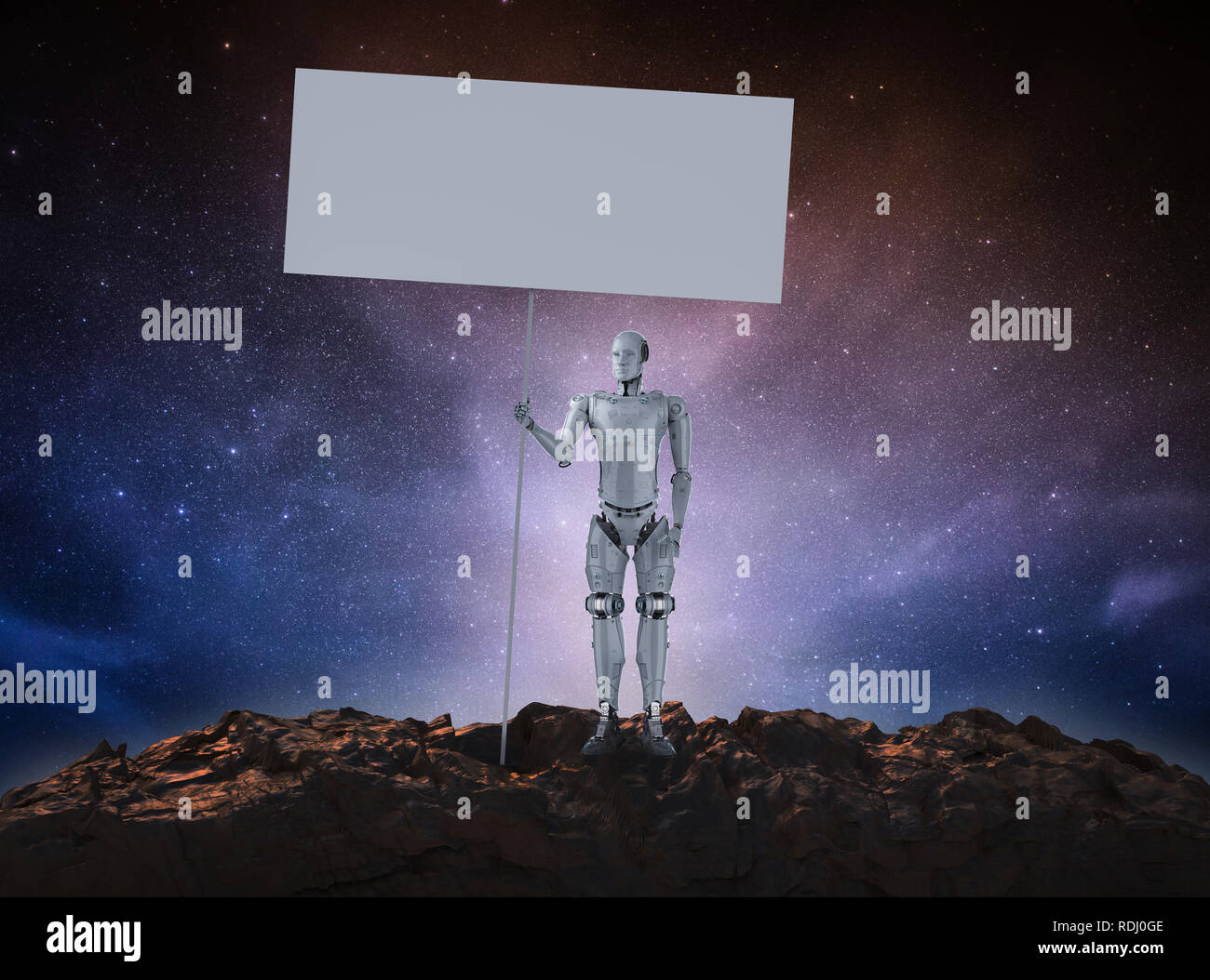 3d rendering humanoid robot with white blank banner Stock Photo - Alamy