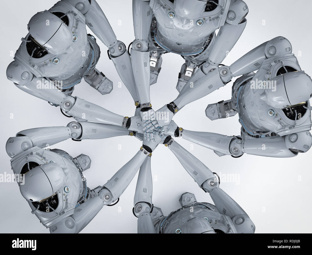 Robot teamwork, concept with 3d rendering robot hand holding together ...