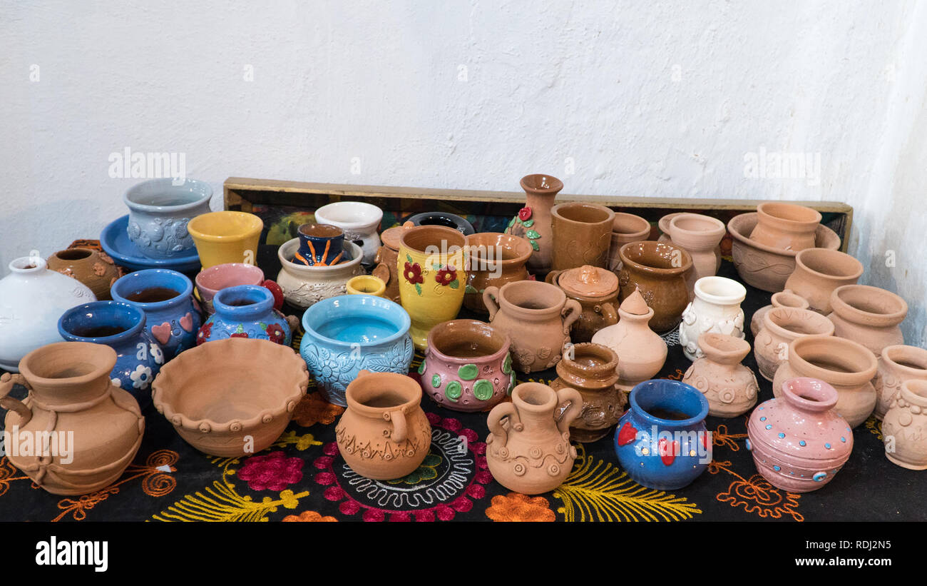 lots of beautifully decorated clay pots. children's crafts Stock Photo ...