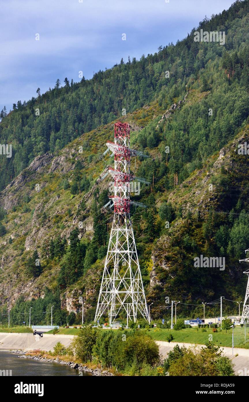 Electricity pylon of the Sayano–Shushenskaya hydro power plant on the ...