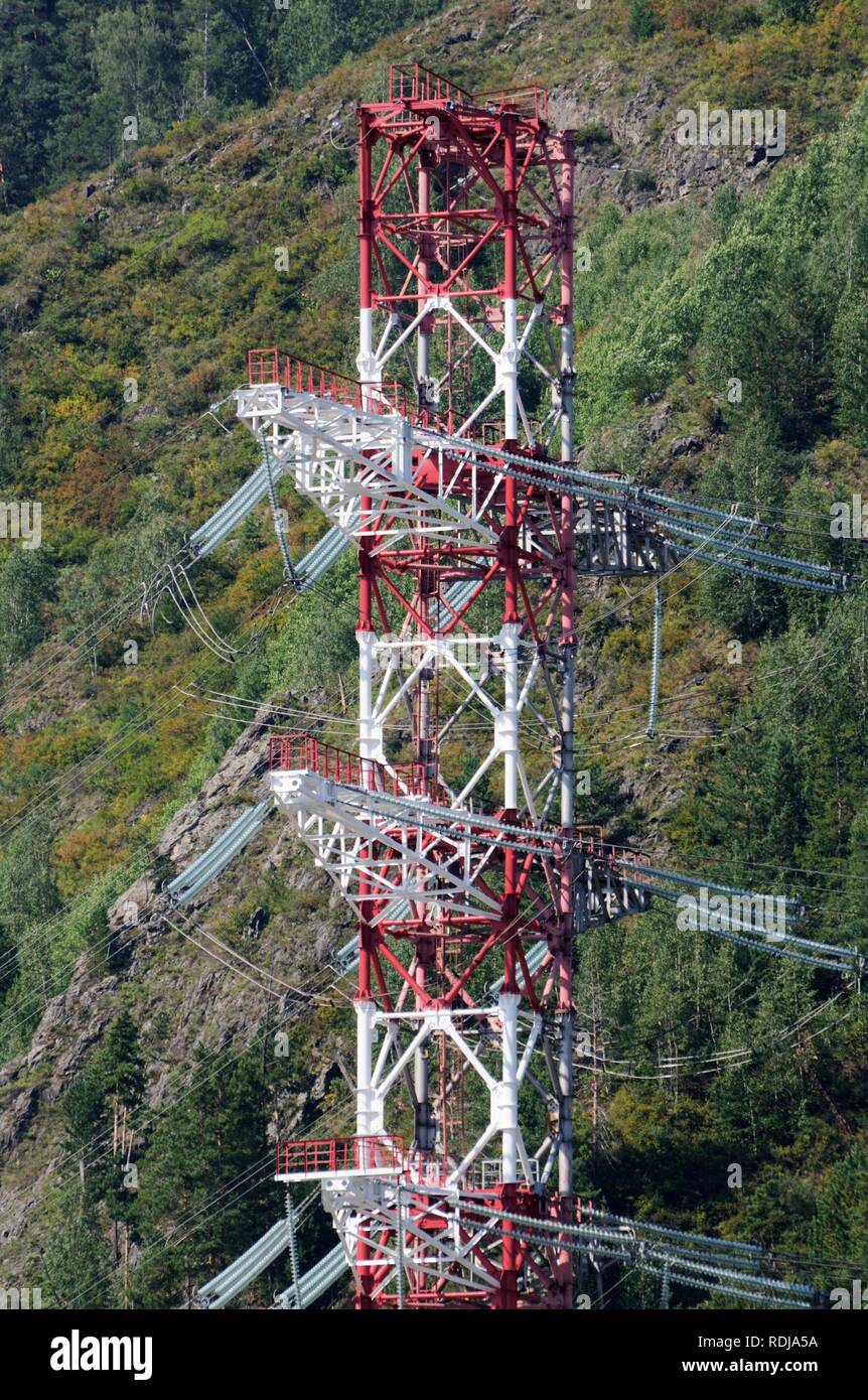 Electricity pylon of the Sayano–Shushenskaya hydro power plant on the ...