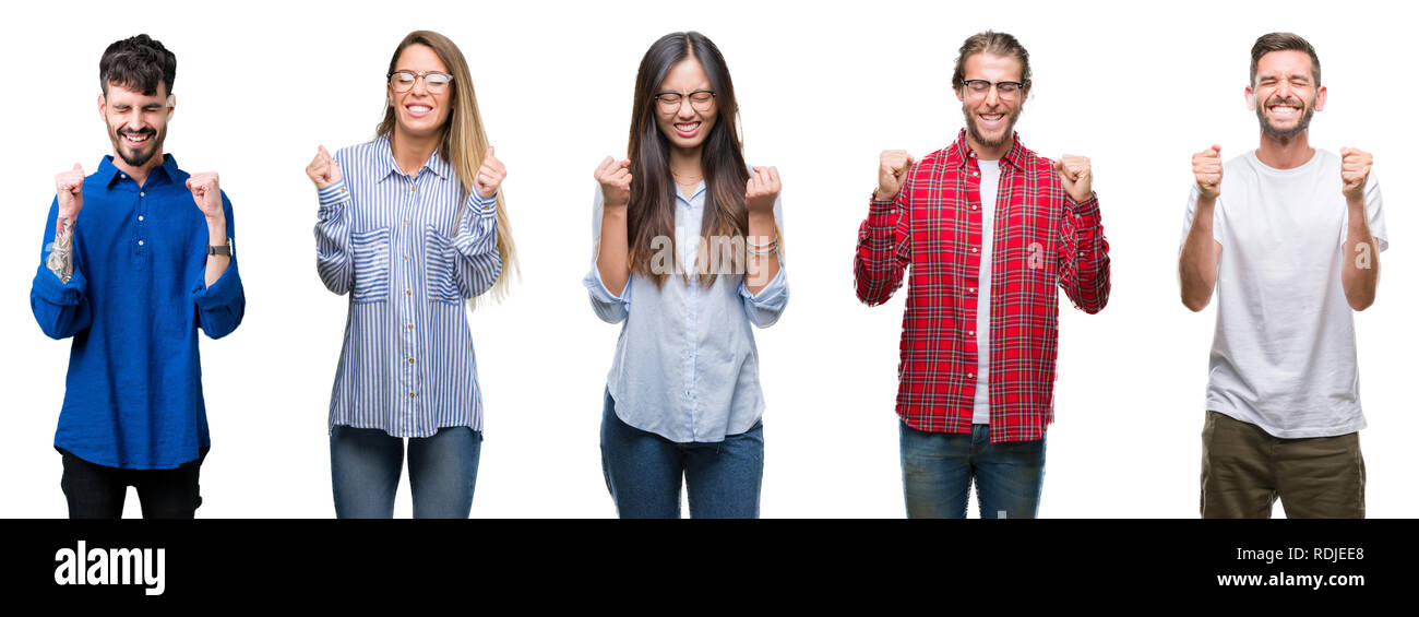 Collage of young people over white isolated background excited for ...